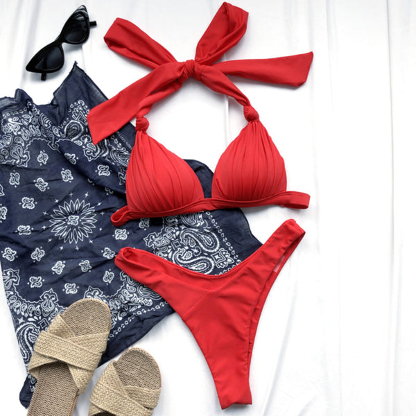 Red Radiant Halter Style Bikini Beach Groove Swimwear